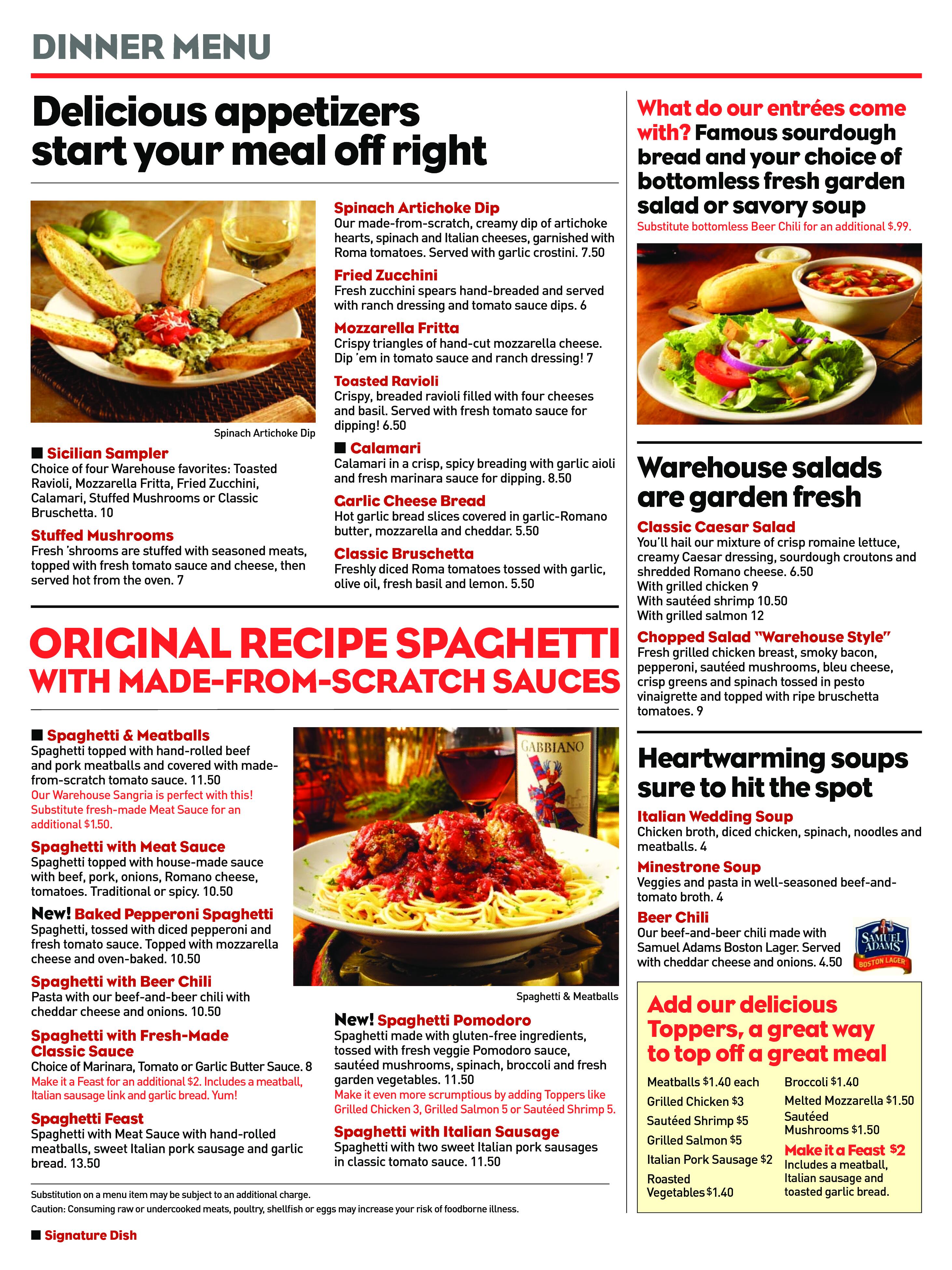 Menu at Spaghetti Warehouse restaurant, Toledo, 42 S Superior St