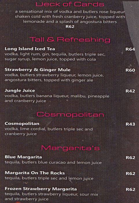 Menu at Harlequins Bar, Sun City