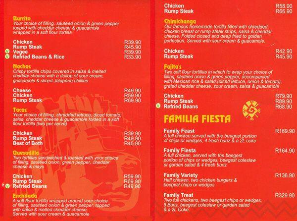 Menu at Mochachos restaurant, Bloemfontein, Showgate Center