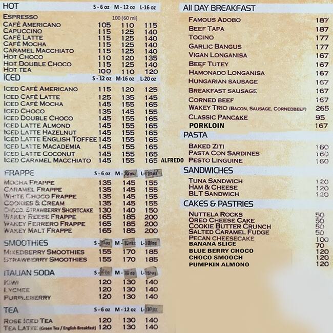 Menu at Wakey-Wakey Cafe, Santa Rosa