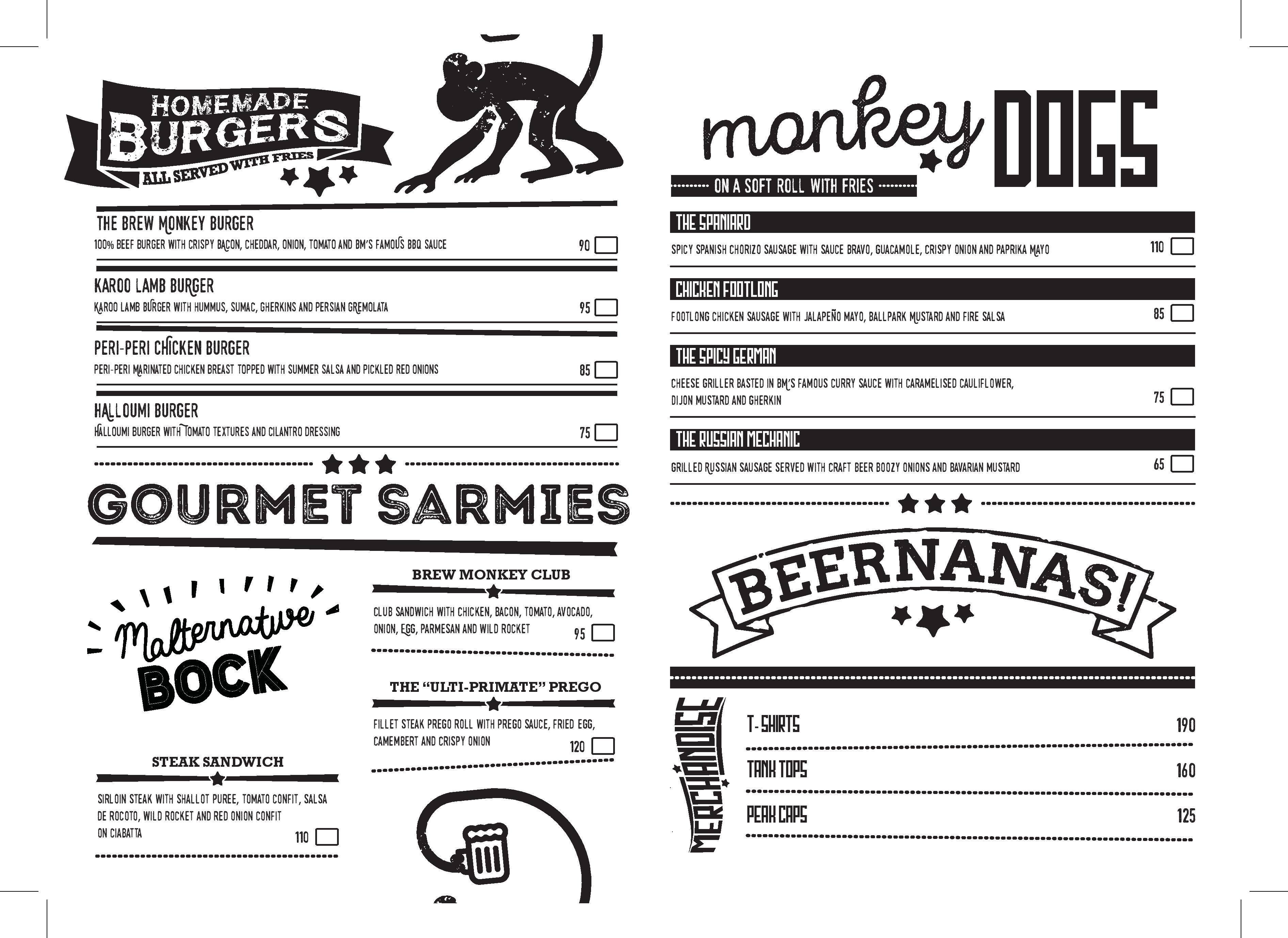 Speisekarte von The Brew Monkey - Time Square pub & Bar, Pretoria