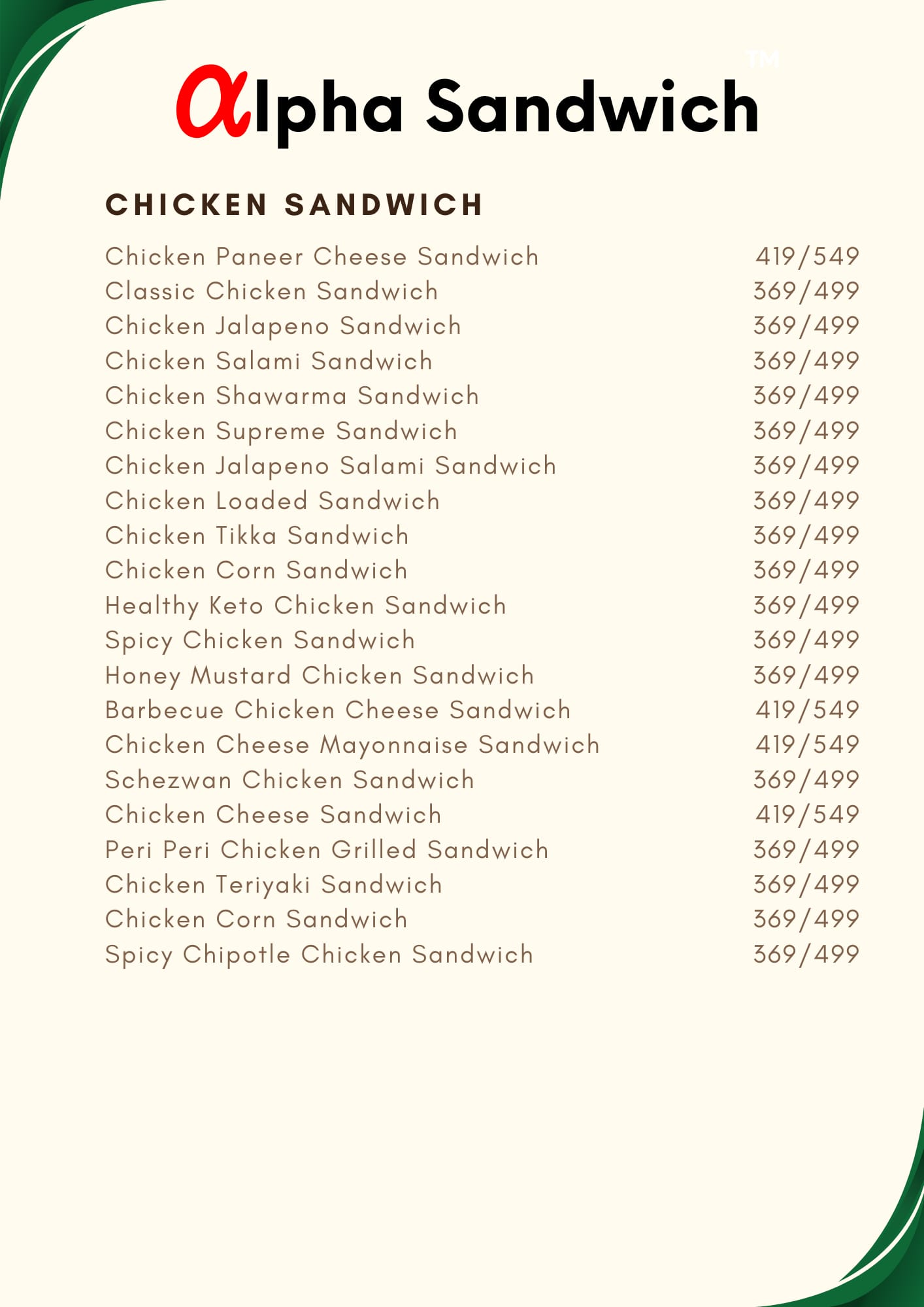 Menu of Alpha Sandwich, Mahakali, Mumbai