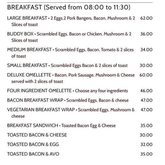 Menu at Pronto cafe, Cape Town