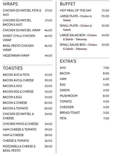 Menu at Pronto cafe, Cape Town