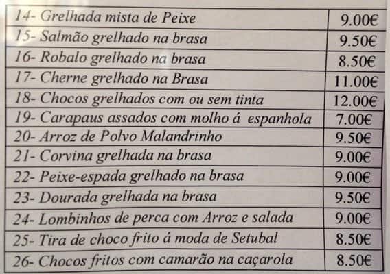 Menu at Lusitânia Tony restaurant, Lisbon