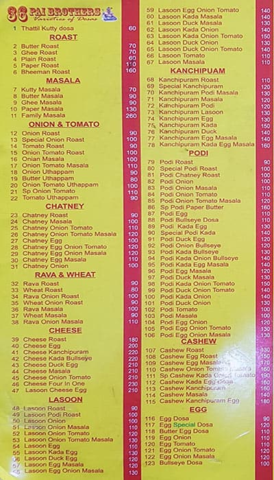 Menu of Pai Brothers 36 Varities Of Dosa, Kadavanthra, Kochi