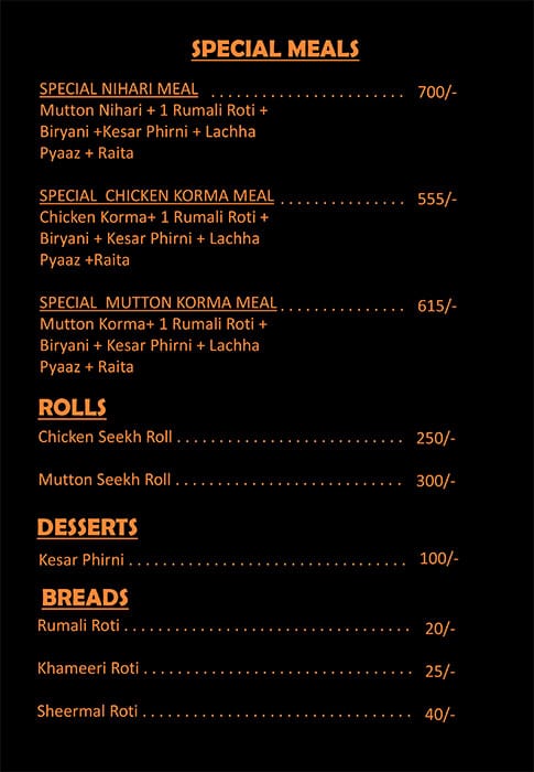 Menu at Mughlai Shahi Rasoi, New Delhi, B-13