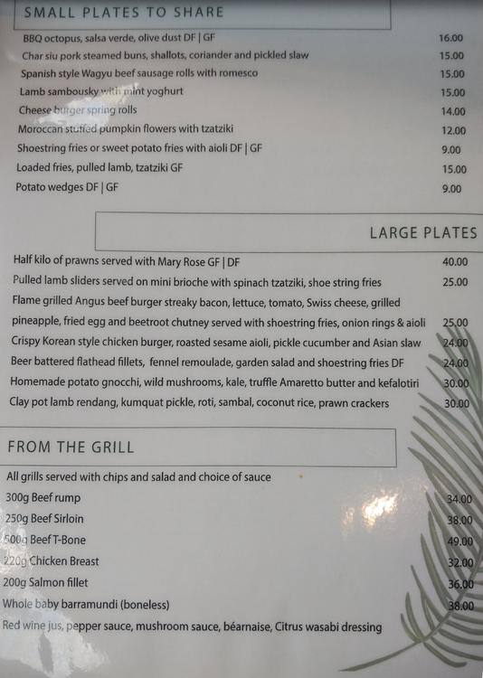 Menu at Baygarden restaurant, Brighton-Le-Sands