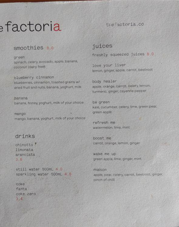 Menu at The Factoria cafe, Wetherill Park