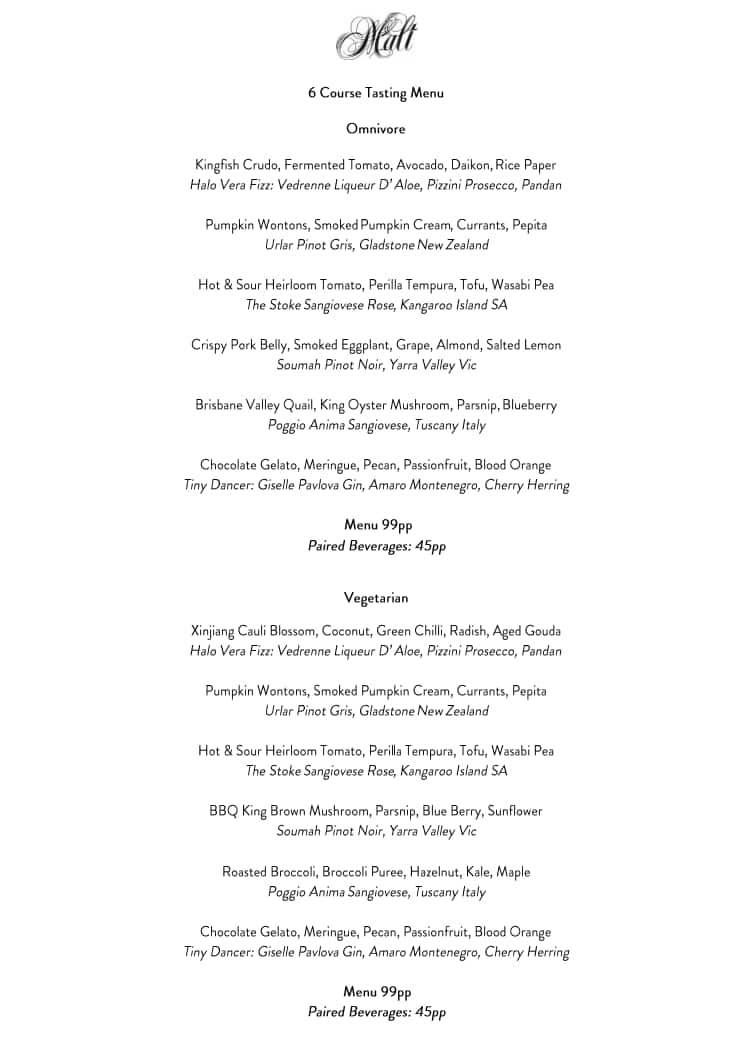 Menu at Malt Dining restaurant, Brisbane City, 28 Market St