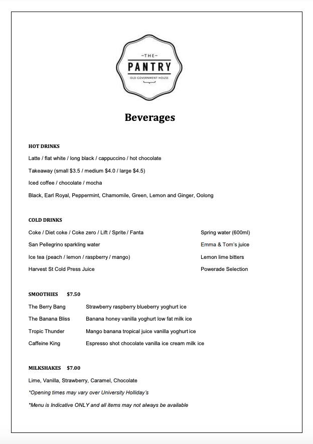 Menu at The Pantry restaurant, Brisbane City, 2 George St