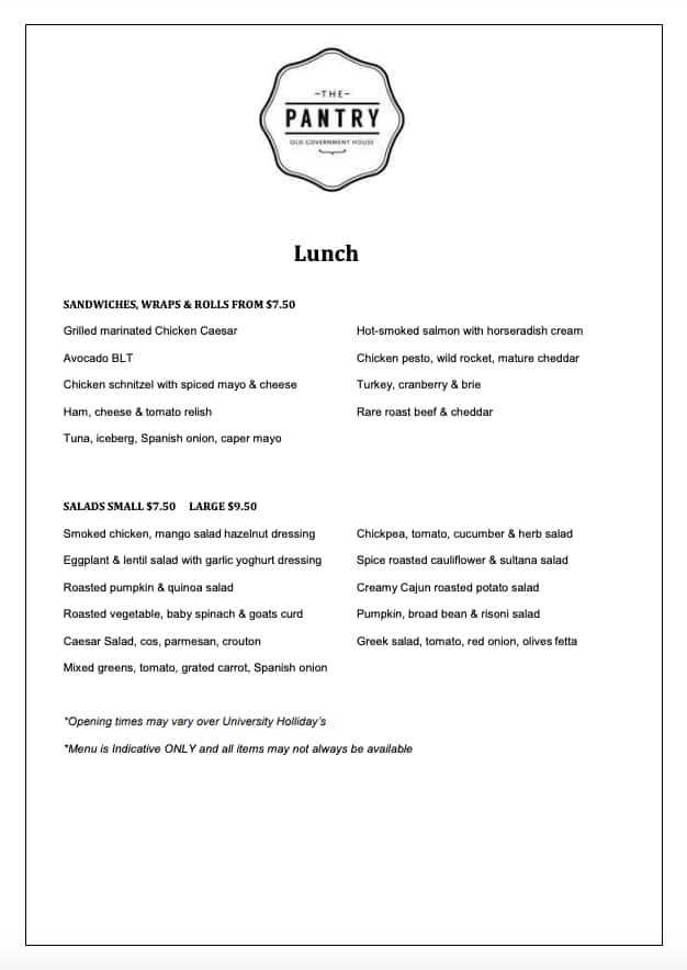 Menu at The Pantry restaurant, Brisbane City, 2 George St