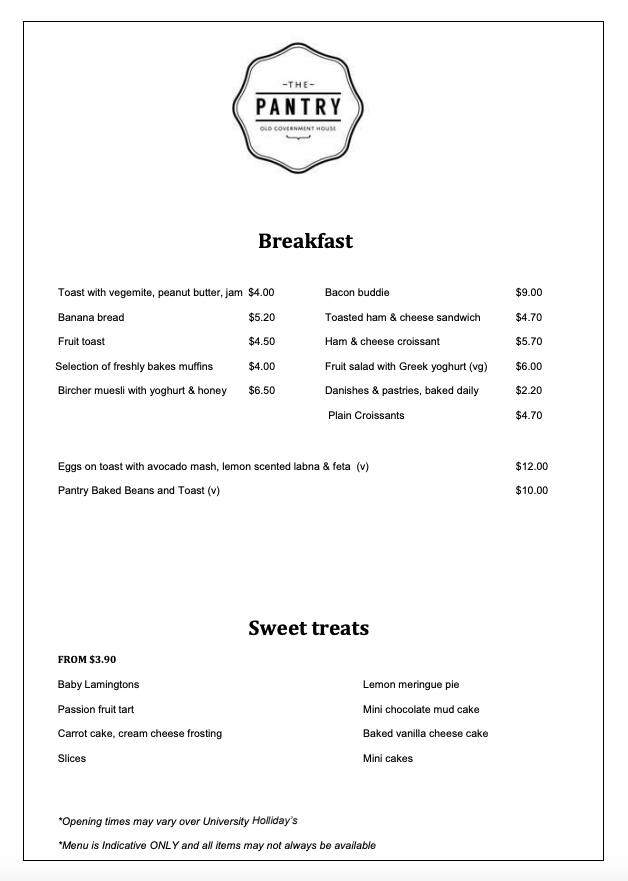 Menu at The Pantry restaurant, Brisbane City, 2 George St