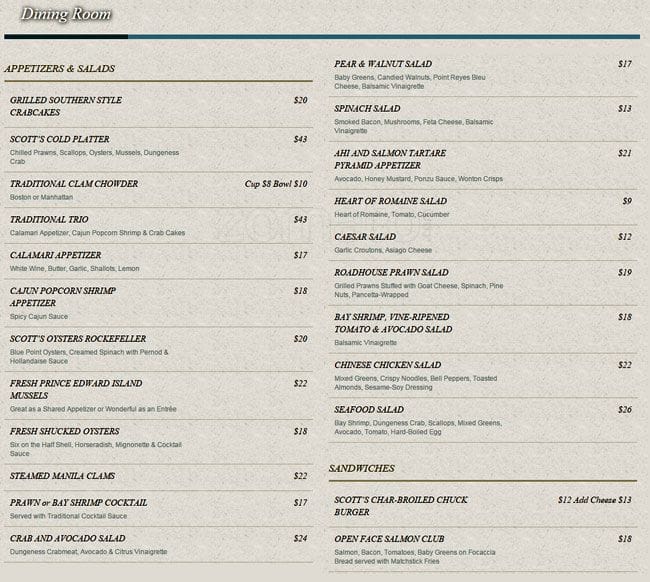 Menu at Scott's Seafood Grill & Bar, Oakland