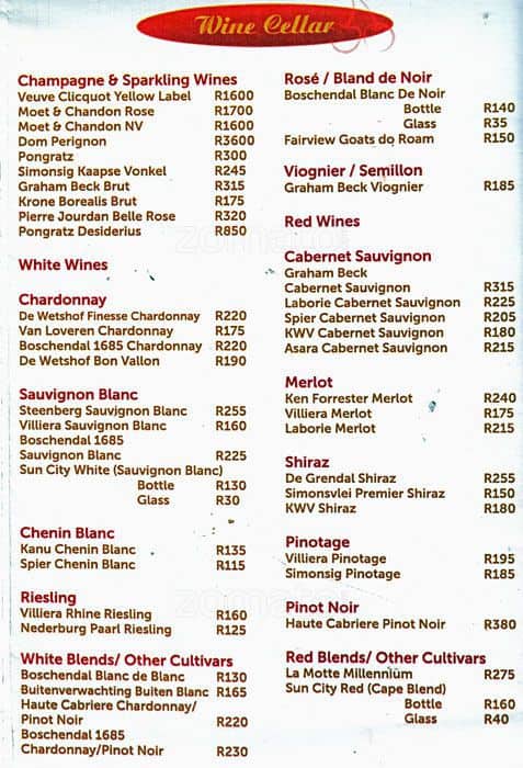 Menu at Cherry, Sun City, Sun City Hotel