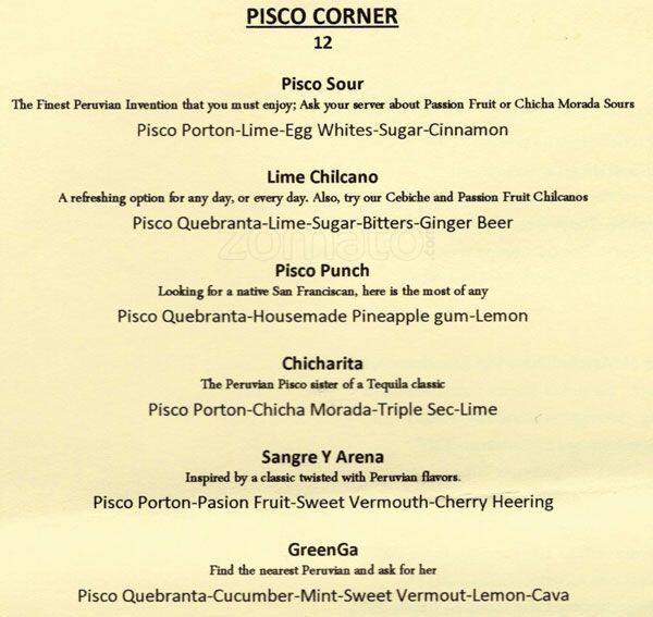 Menu at Mochica pub & bar, San Francisco, 18th St