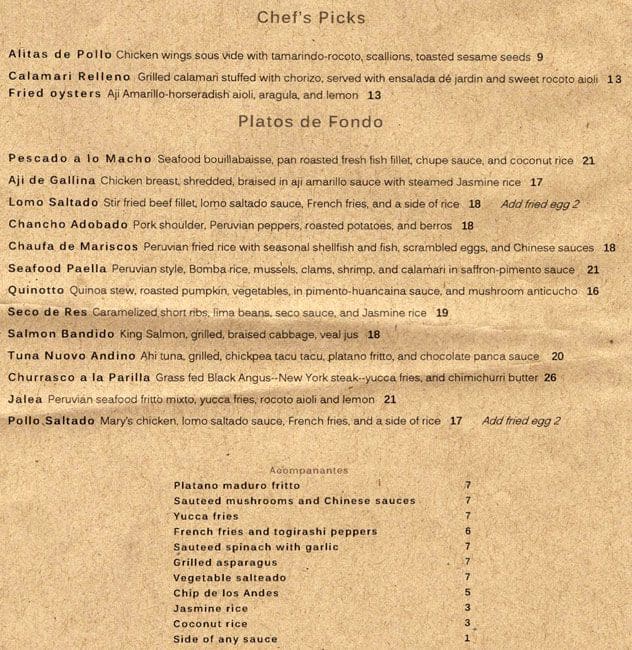 Menu at Mochica pub & bar, San Francisco, 18th St