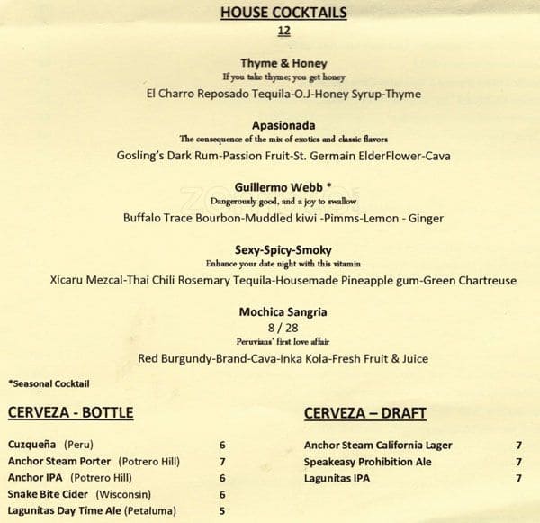 Menu at Mochica pub & bar, San Francisco, 18th St