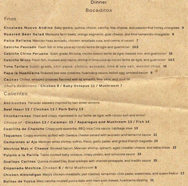 Menu at Mochica pub & bar, San Francisco, 18th St