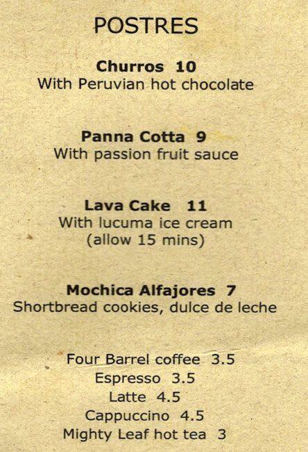 Menu at Mochica pub & bar, San Francisco, 18th St