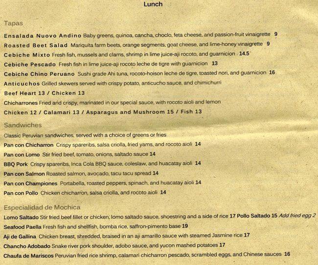 Menu at Mochica pub & bar, San Francisco, 18th St