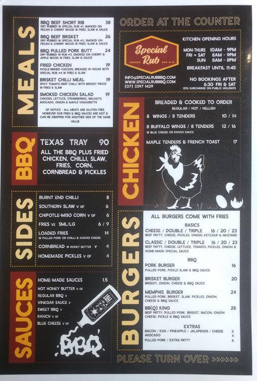 Menu at Special Rub Smoked Meats, Brisbane City