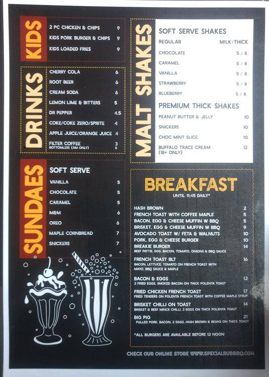 Menu at Special Rub Smoked Meats, Brisbane City