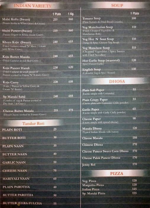 Menu of Matuki Restaurant & Banquet, Mota Mava, Rajkot