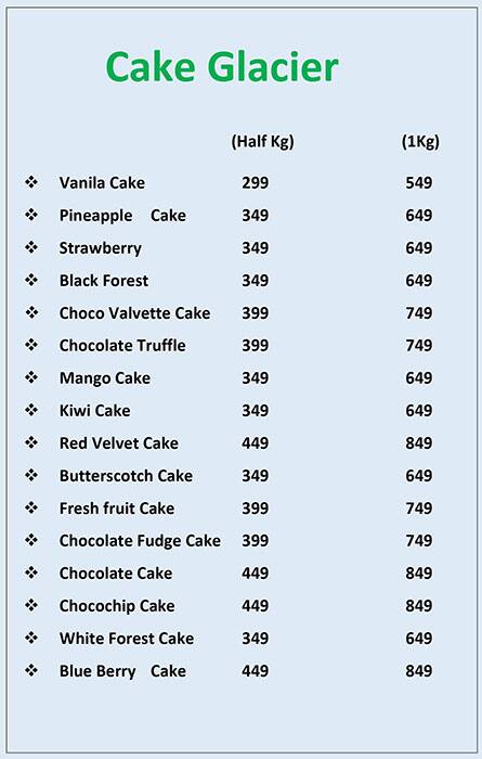 Menu of Cake Glacier, Gomti Nagar, Lucknow