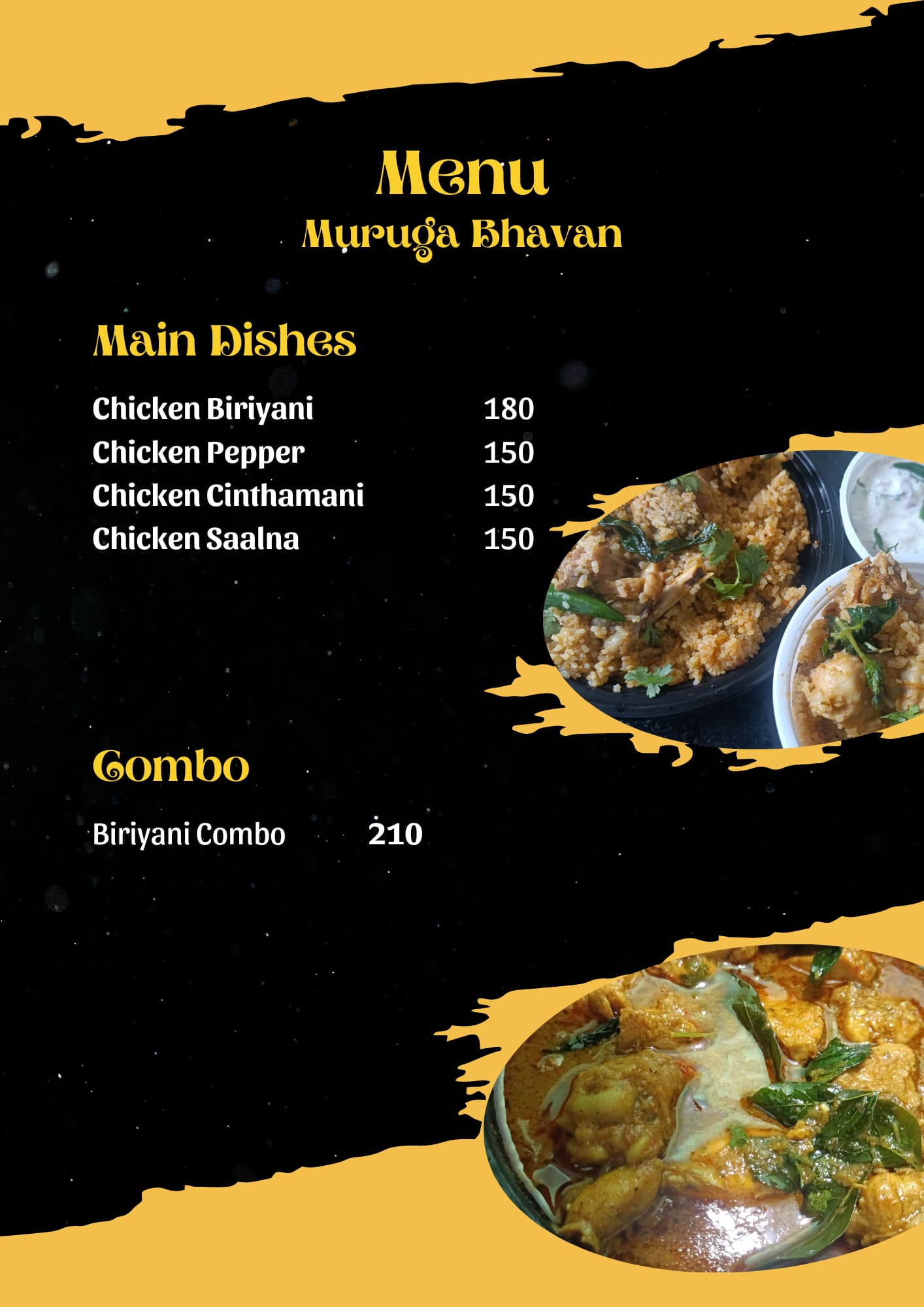 Menu of Muruga Bhavan, Bommanahalli, Bangalore