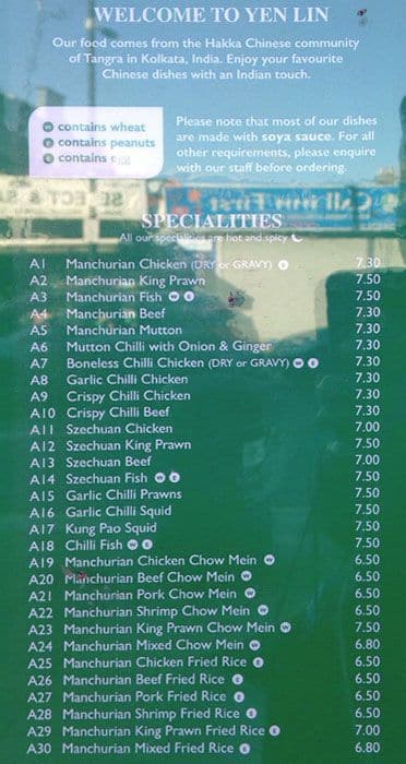 Menu at Yen Lin Ilford restaurant, Ilford