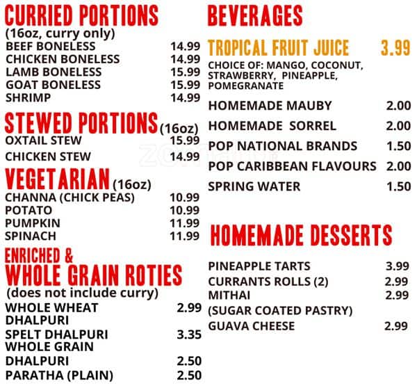 Menu au Curry + Roti restaurant, Toronto