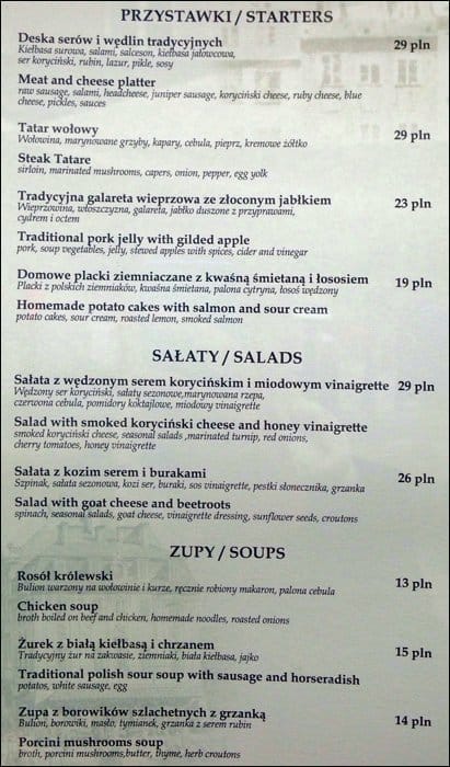 Menu at Zapiecek restaurant, Warsaw, Piwna 34/36