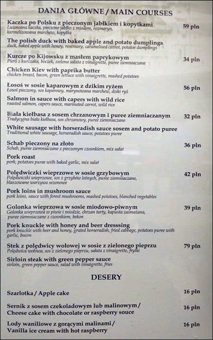 Menu at Zapiecek restaurant, Warsaw, Piwna 34/36