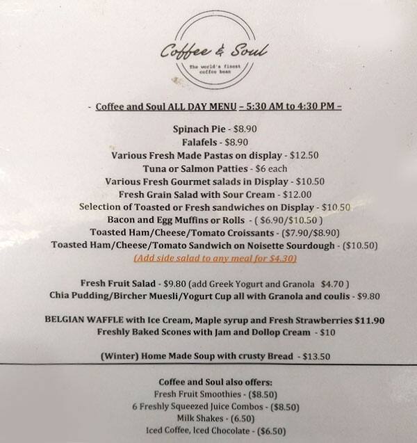Menu at Coffee & Soul restaurant, Malvern East