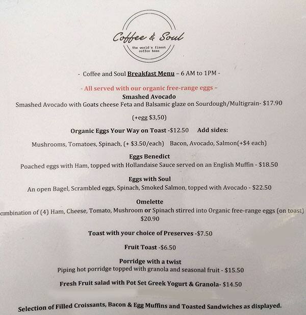 Menu at Coffee & Soul restaurant, Malvern East