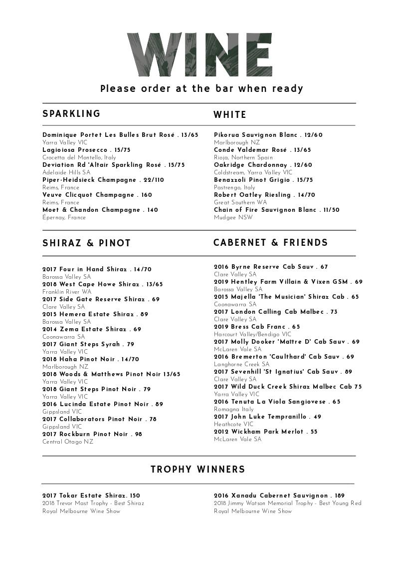 Menu at Bush Inn restaurant, Toorak