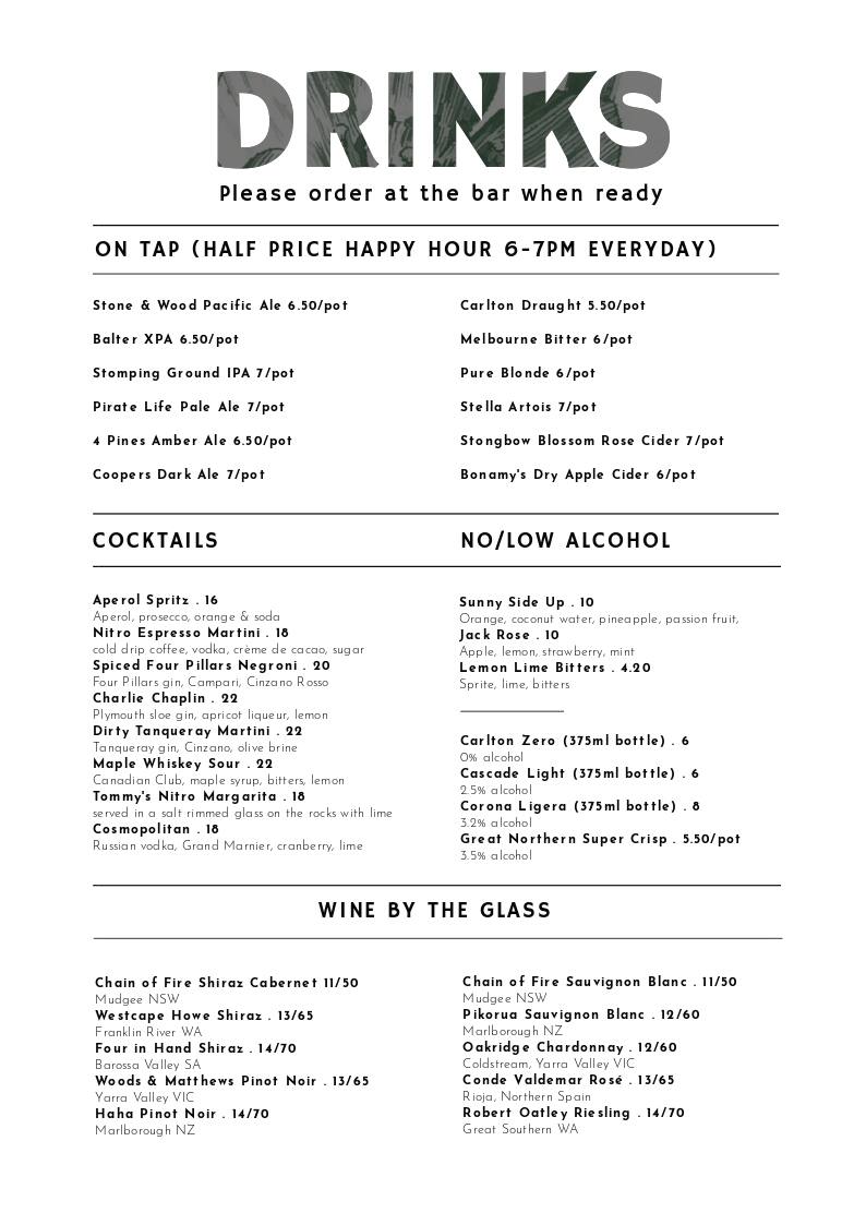 Menu at Bush Inn restaurant, Toorak