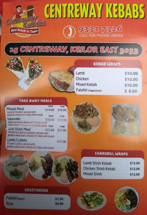 Carta de comida rápida Centreway Kebabs, Keilor East, 25 Centreway