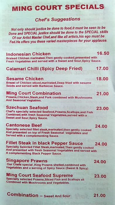 Menu at Ming Court restaurant, Narre Warren