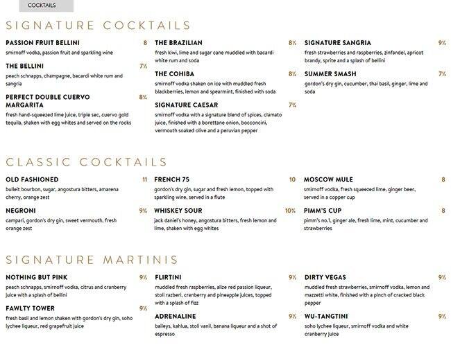 Menu at Cactus Club Cafe Coal Harbour, Vancouver