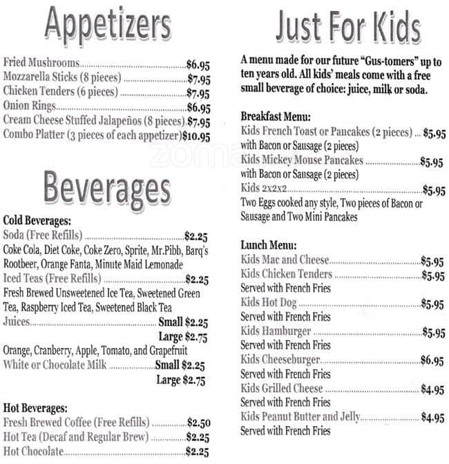 Menu at Gus' Diner restaurant, Rolling Meadows