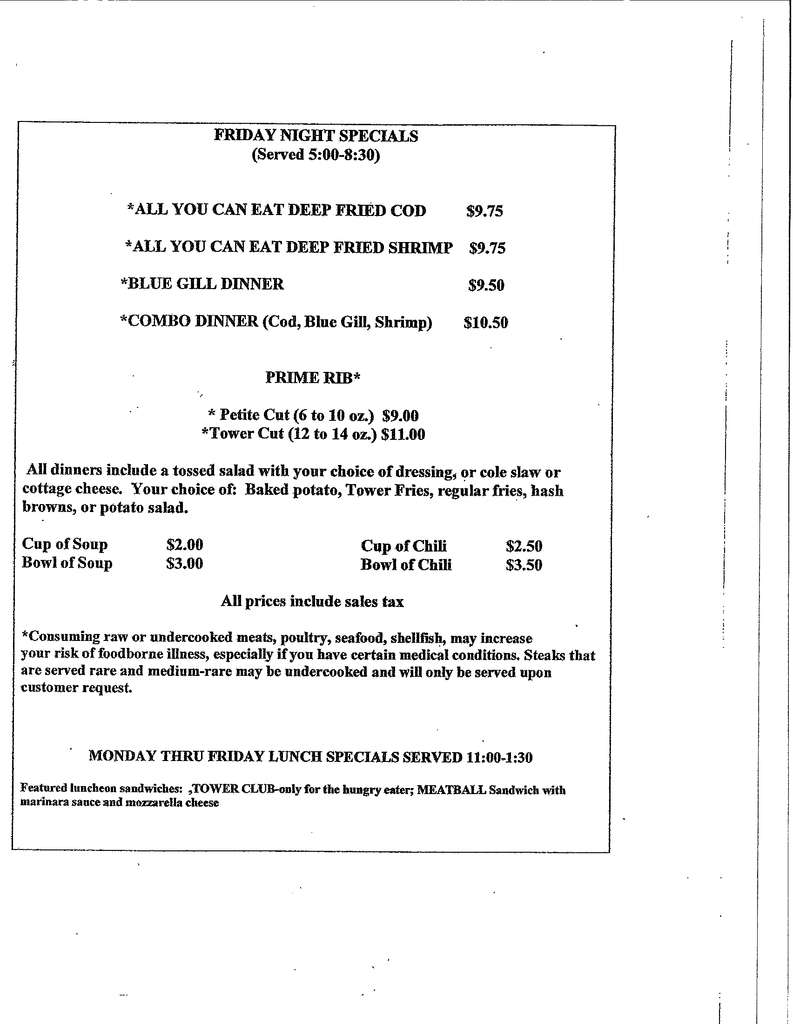 Menu at Tower Inn pub & bar, Monona