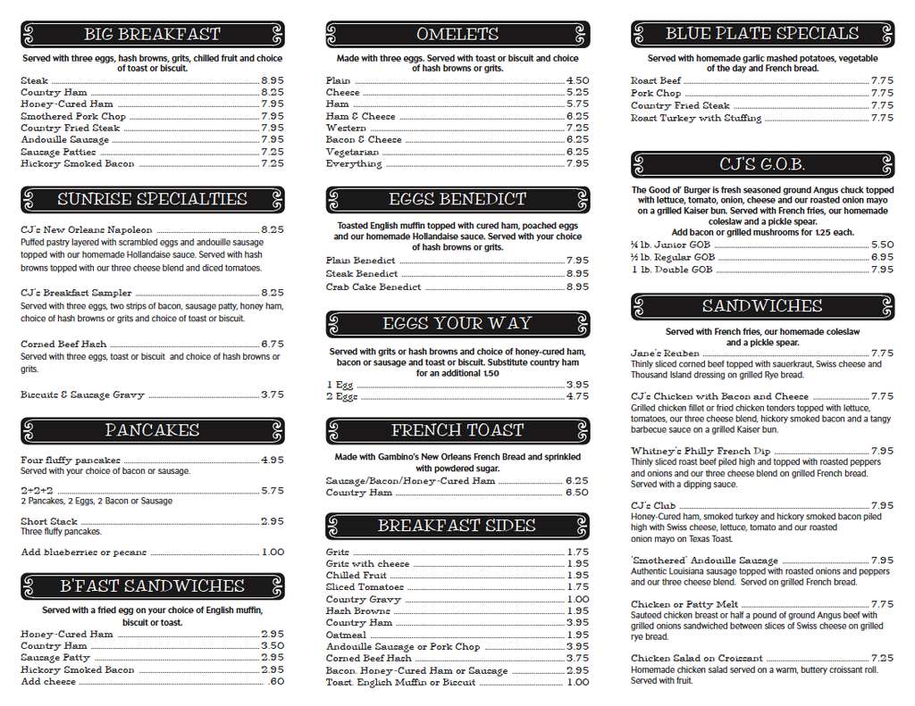 Menu at CJ'S Kitchen & Grille restaurant, Pensacola