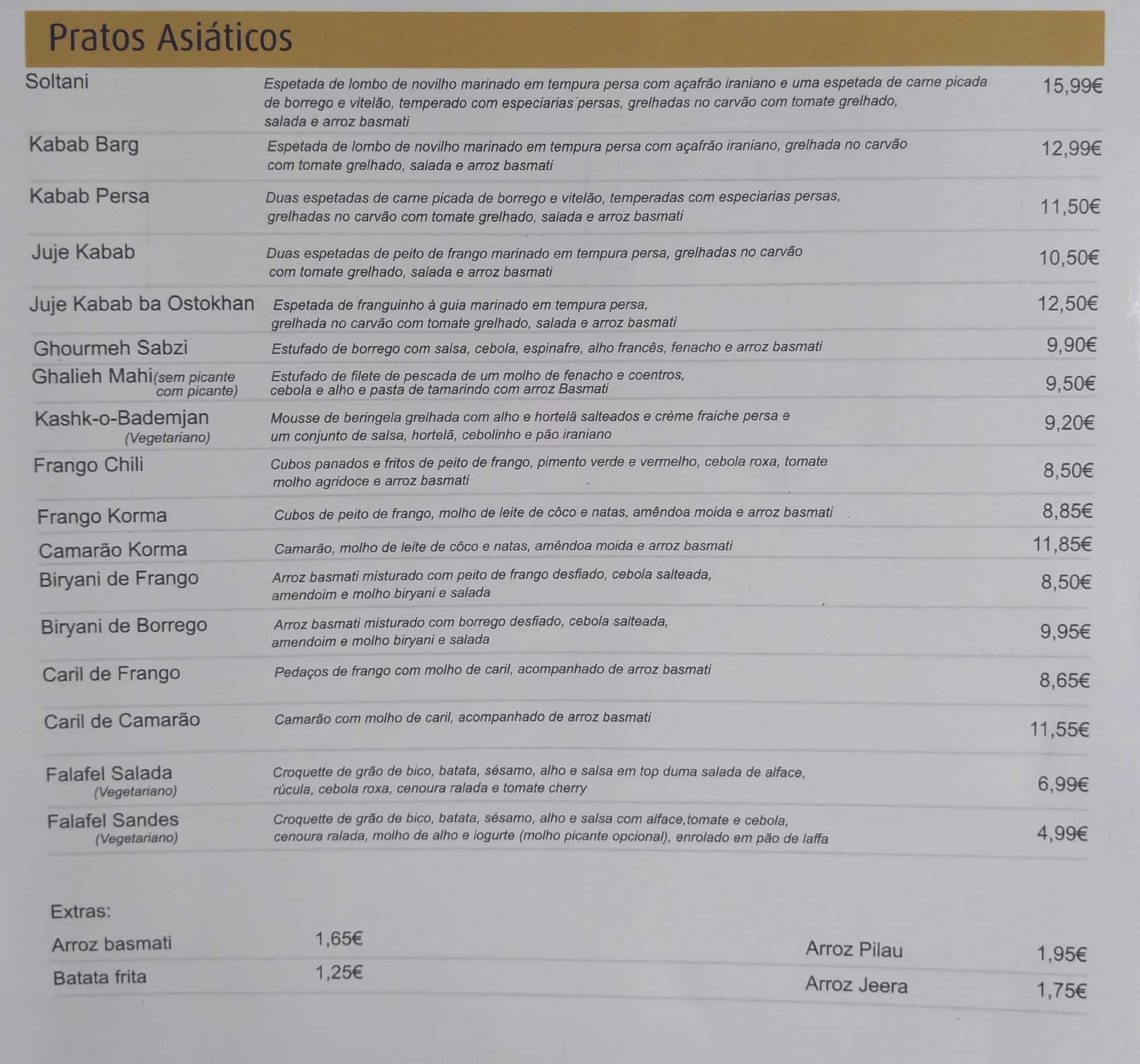 Menu at Shiraz restaurant, Lisbon