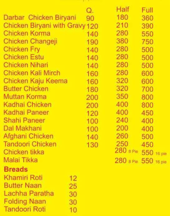 Menu of Delhi Darbar Biryani Point, Uttam Nagar, New Delhi