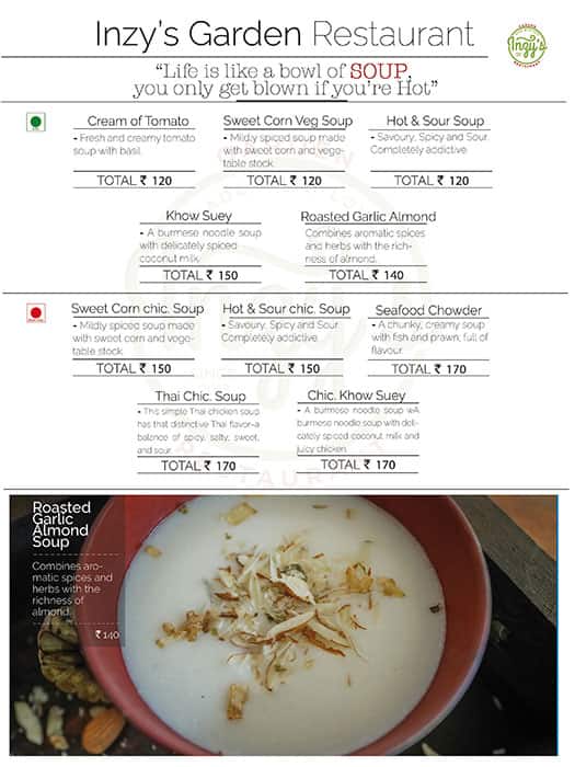 Menu at Inzy gardens, Chennai