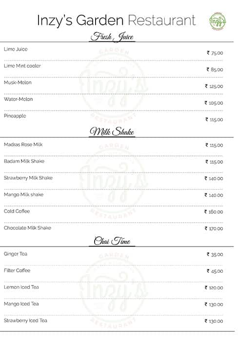 Menu at Inzy gardens, Chennai