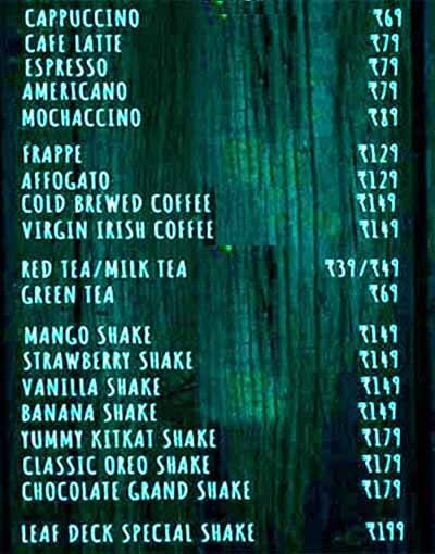 Menu at Leaf Deck Café, Guwahati