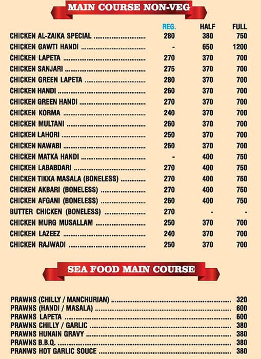 Menu at Al Zaika Dhaba Kurla, Mumbai